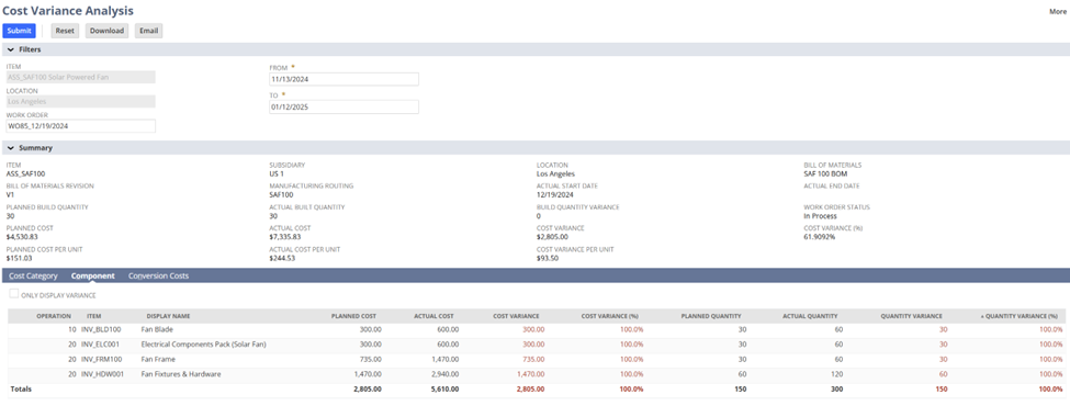 Cost Variance Analysis SuiteApp