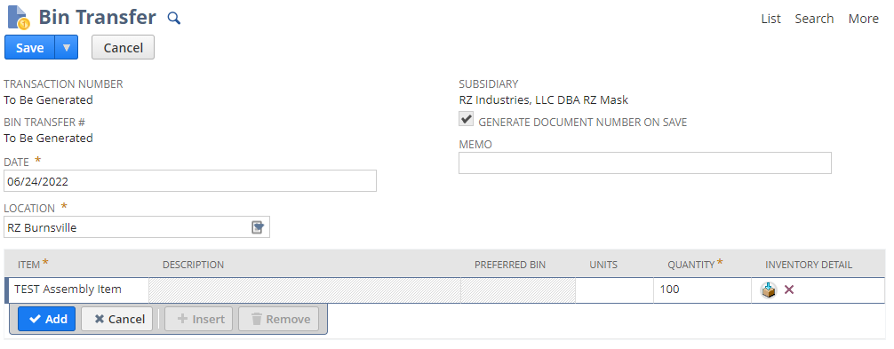 Creating Bin Transfers