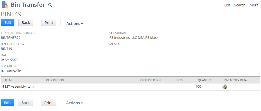 Creating Bin Transfers